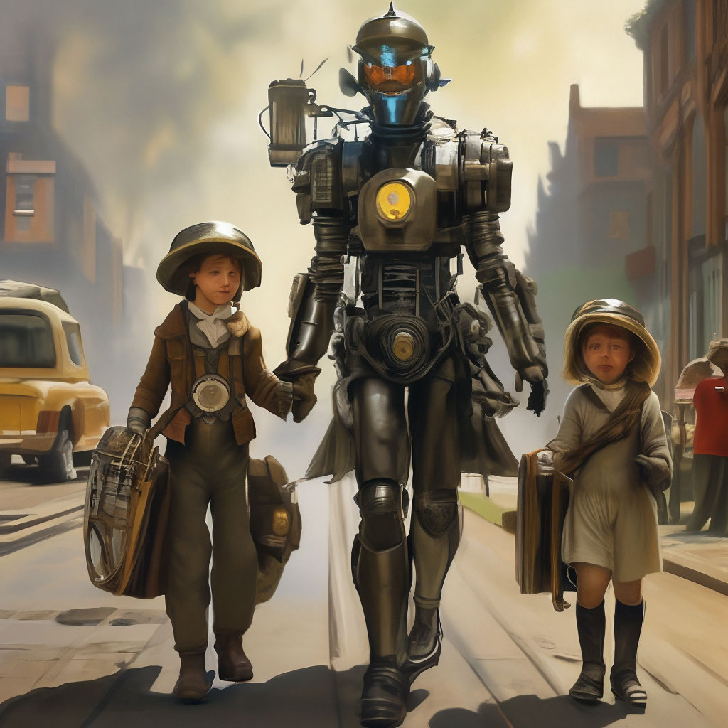 "Terminator takes children across the street" — image created in Shedevrum