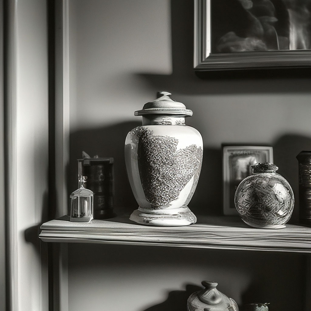 "The urn with the ashes is on the shelf, black and white, horror movie ...