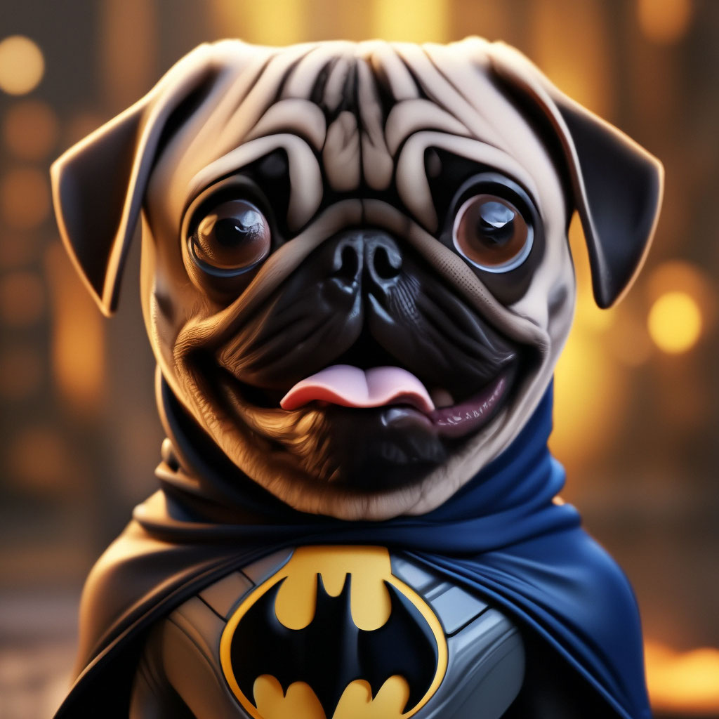 "Batman pug, detailed expressive eyes, big head, huge ears, laughing ...