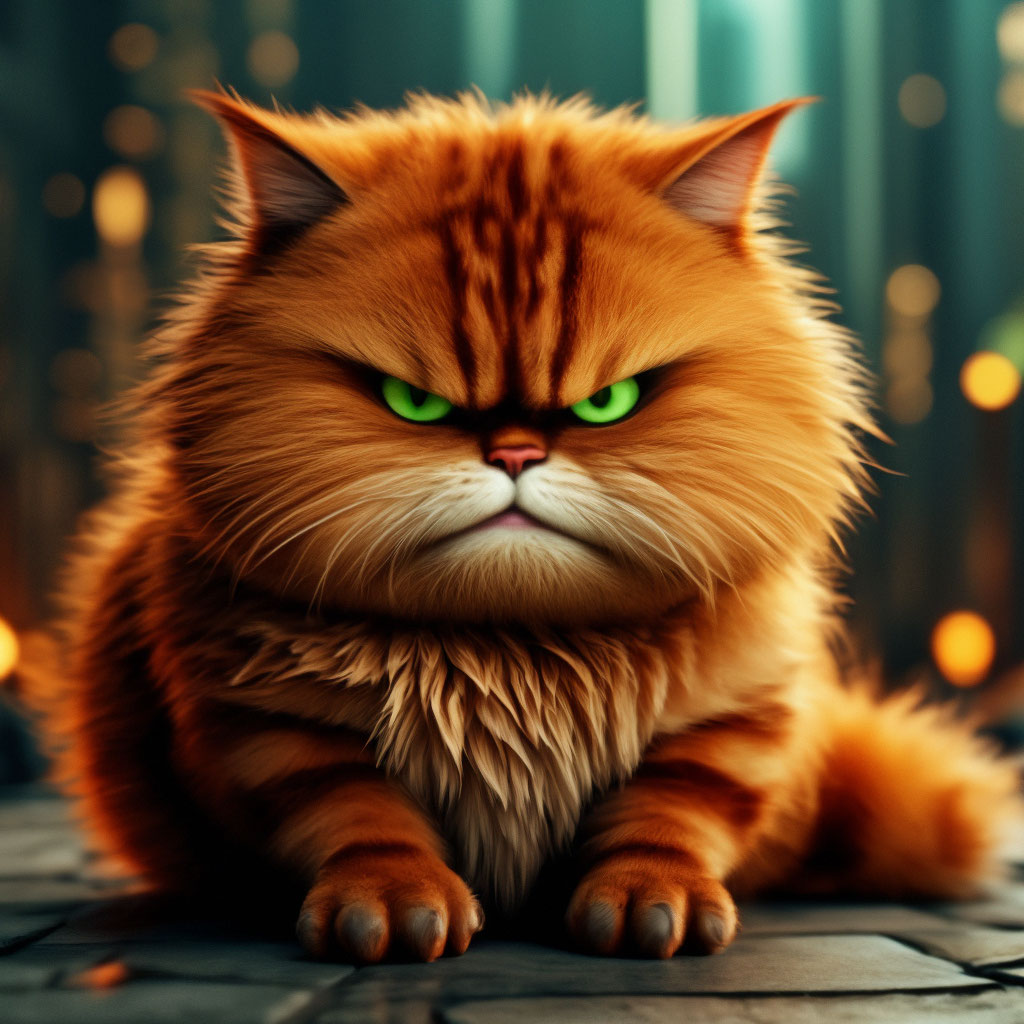 "Fat red cartoon cat, angry muzzle, green evil eyes, short paws with ...