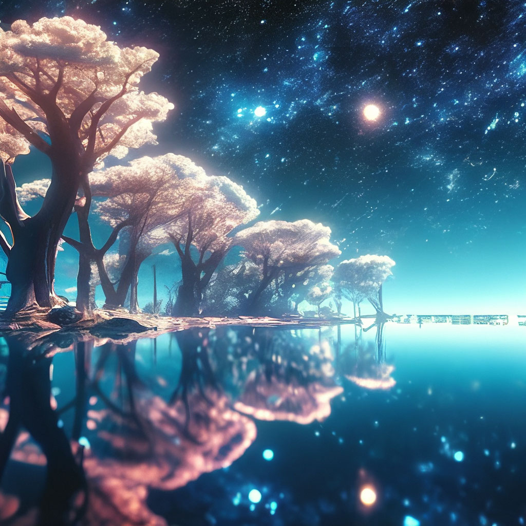 "# magical neuroart, futuristic, aqua nocturnal. trees with transparent ...