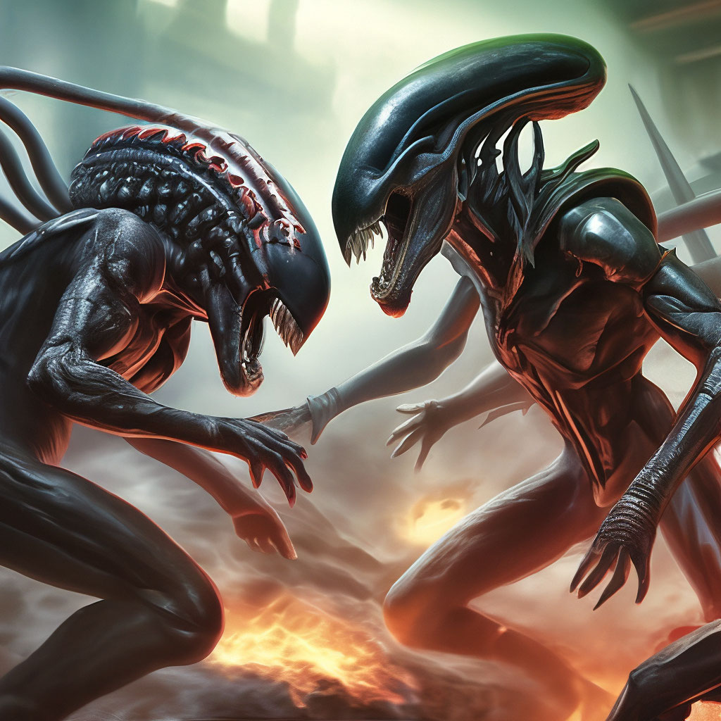 "Xenomorph fight" — image created in Shedevrum