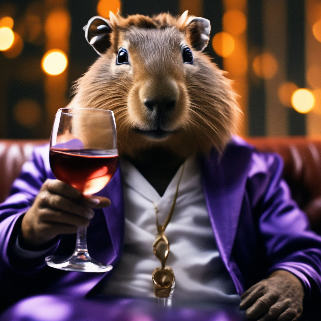 "Capybara rapper is sitting on the sofa, holding a glass of wine in his ...