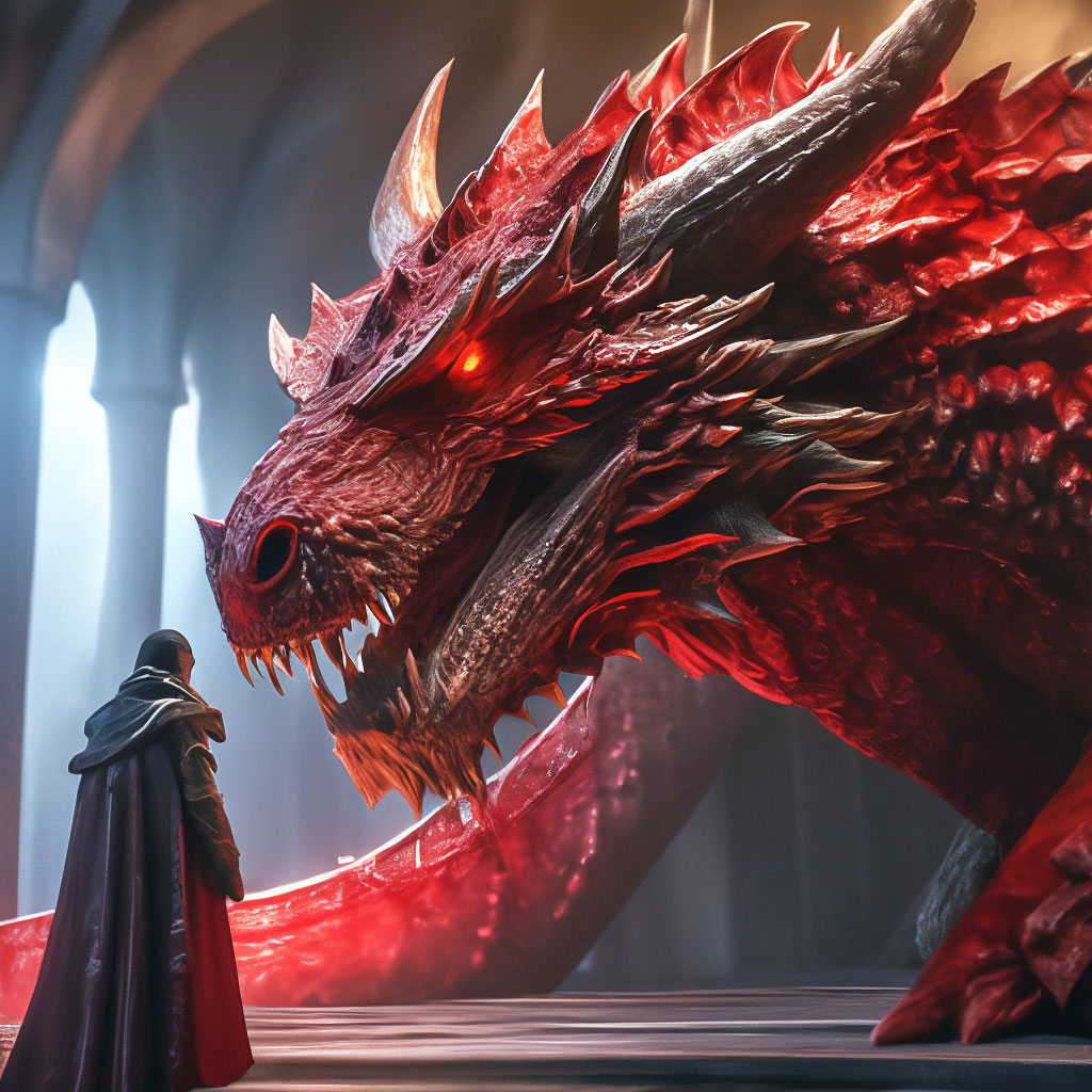 "Huge red dragon 🐉 under a cape, full-length, hyper-detailing of the ...