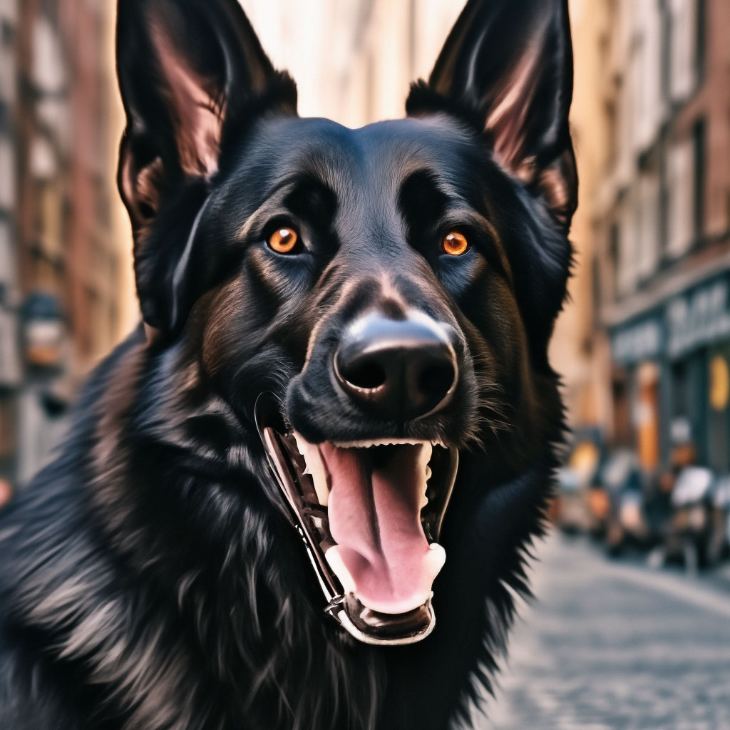 "3d drawing of a black German Shepherd, with a grinning mouth,on the ...