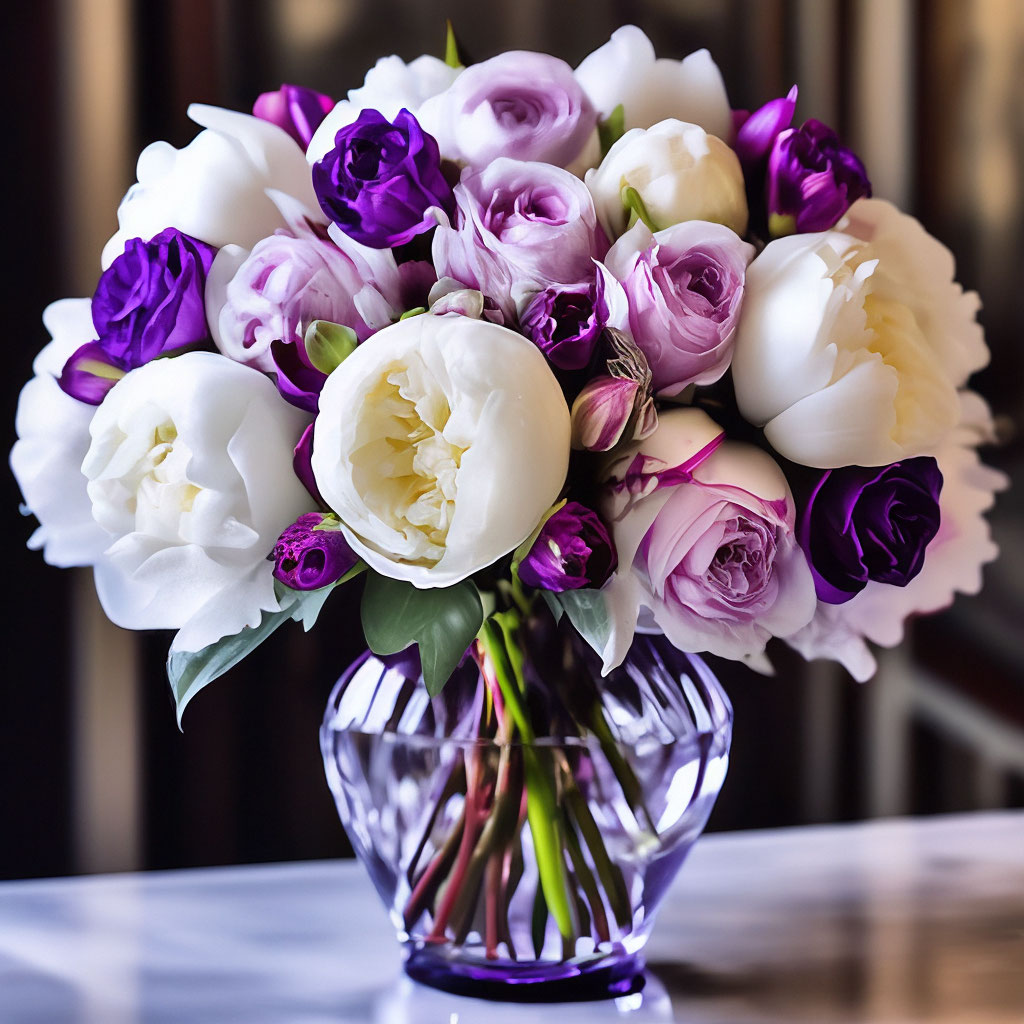 "Crystal vase, bouquet of white peonies with fancy purple roses ...