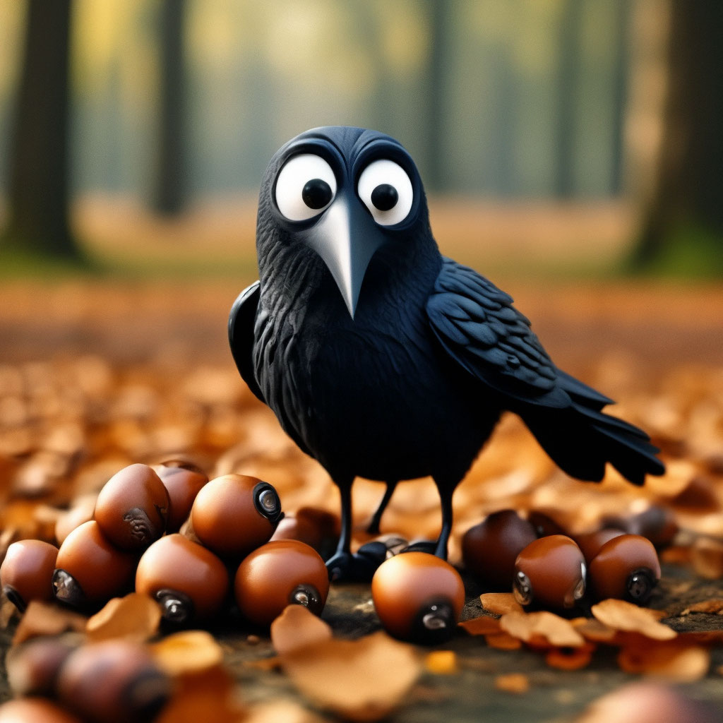 "Crow and Acorns. Bug-eyed funny smiling eyes are hyperbolic, cunning ...