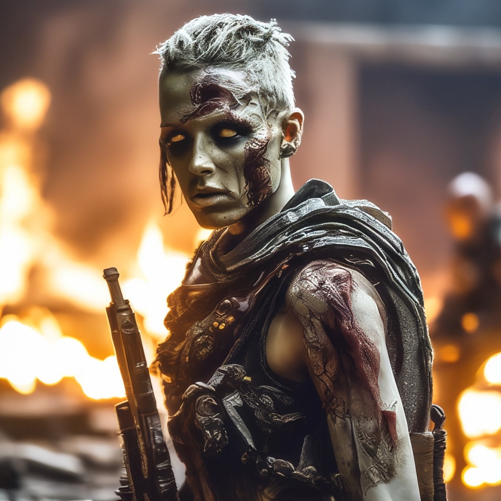 "Zombie Cyborg three, posing in full height, with weapons at the ready ...