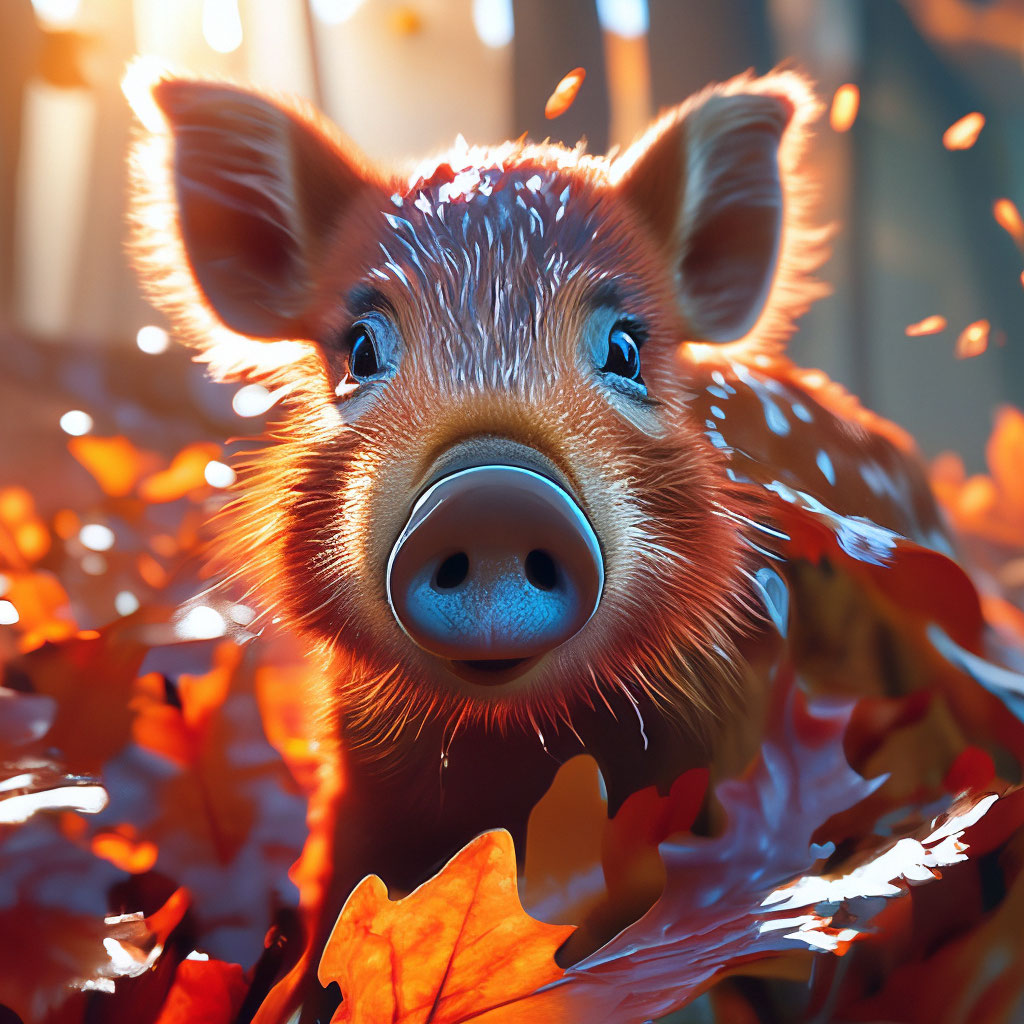 "Cute red boar dripping in oak leaves, fur detailing, expressive eyes ...