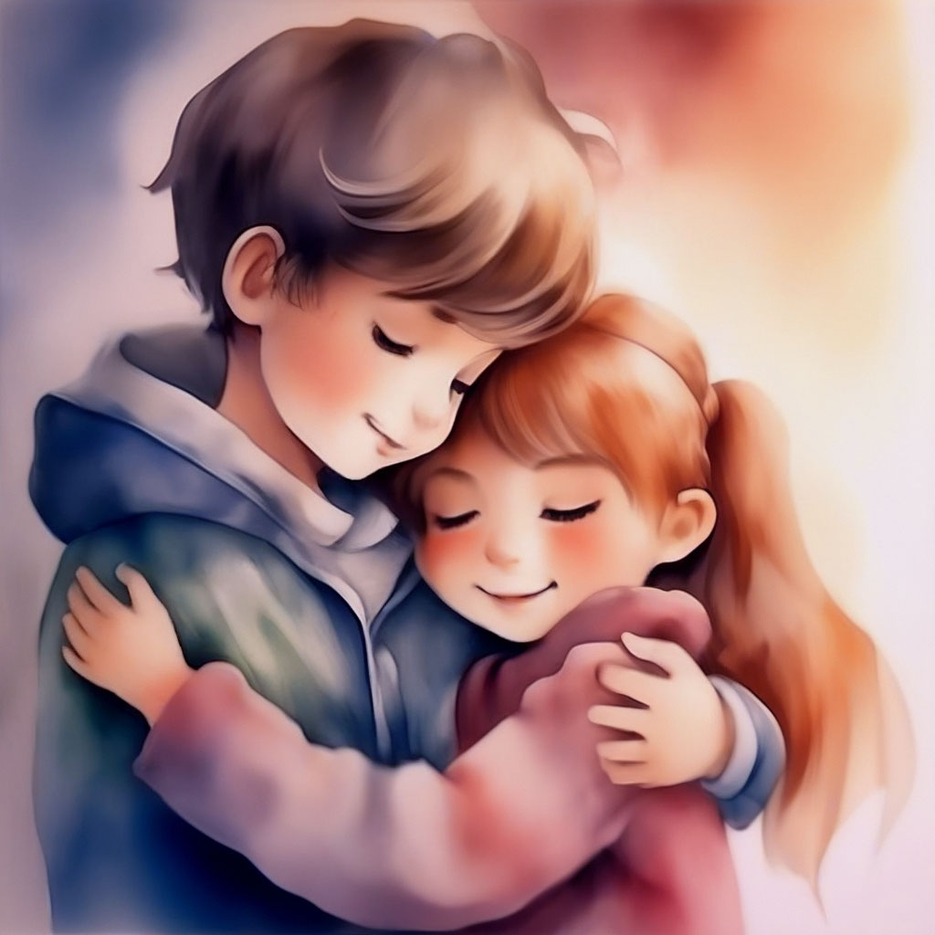 "Sincere hug between boy and girl with love, cute illustration ...