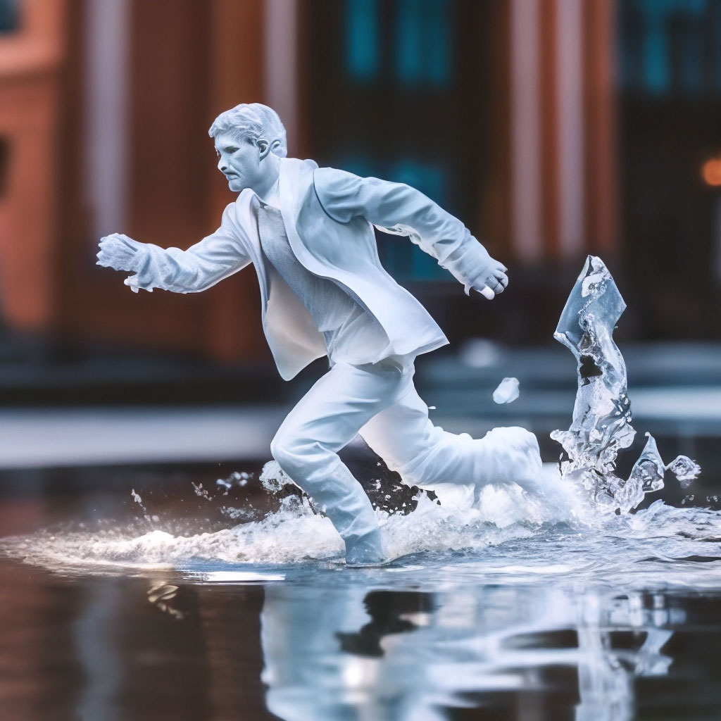 "@alx man running on water, in white clothes, crystal figure, 1/250s ...