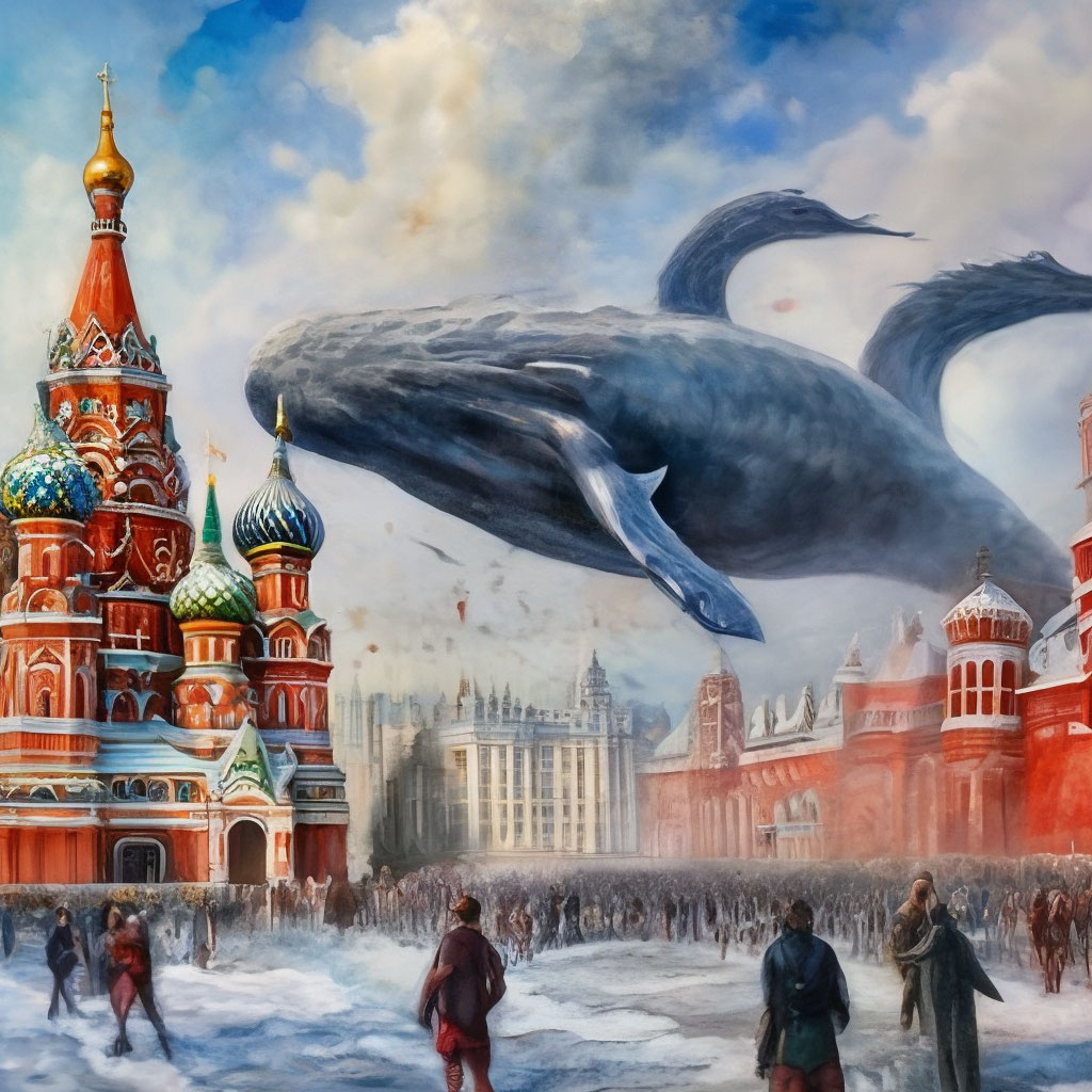 ""Huge whales fly on Red square in Moscow" , hyperrealism, high detail ...