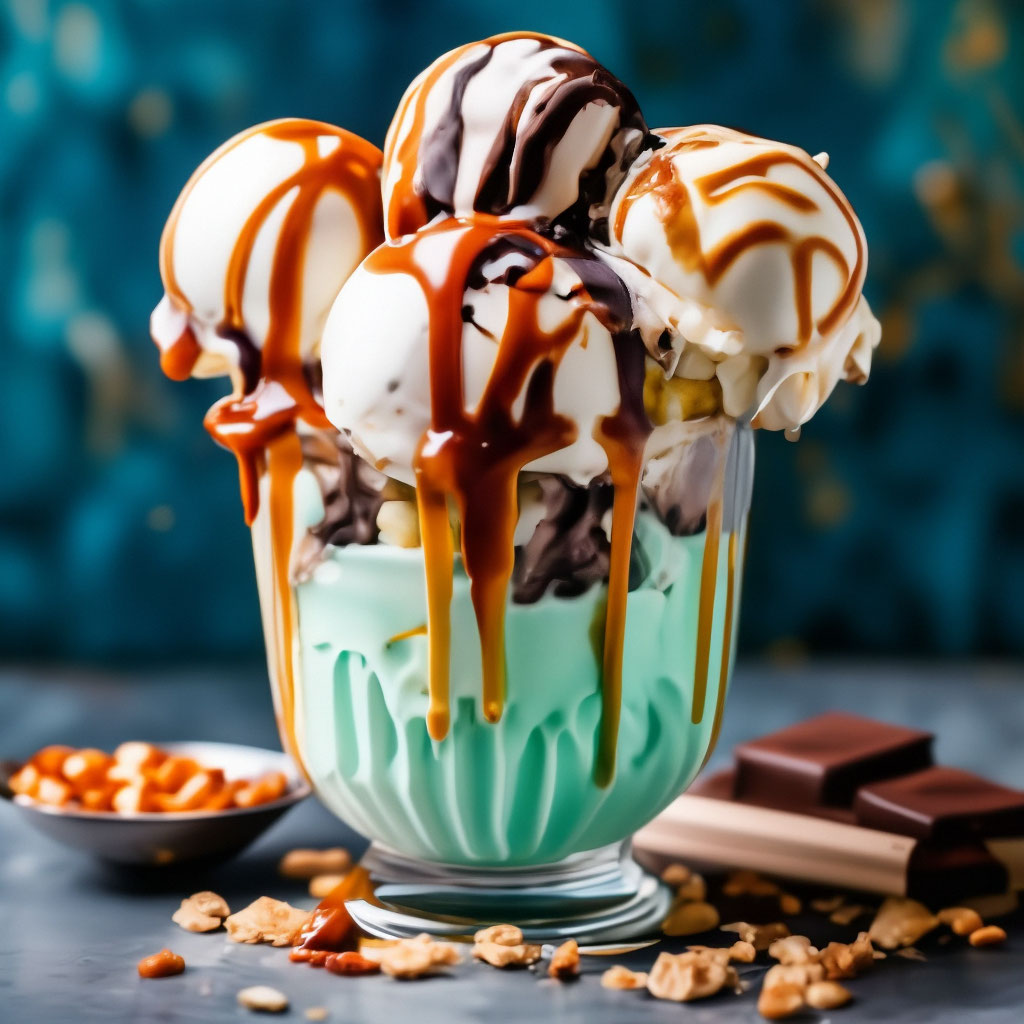 "Bright explosive caramel and chocolate and mint ice cream in a glass ...