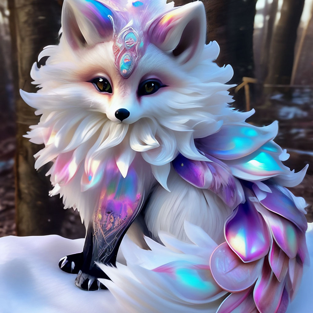 "Beautiful fluffy Inari fox near the Christmas tree, big eyes, white ...