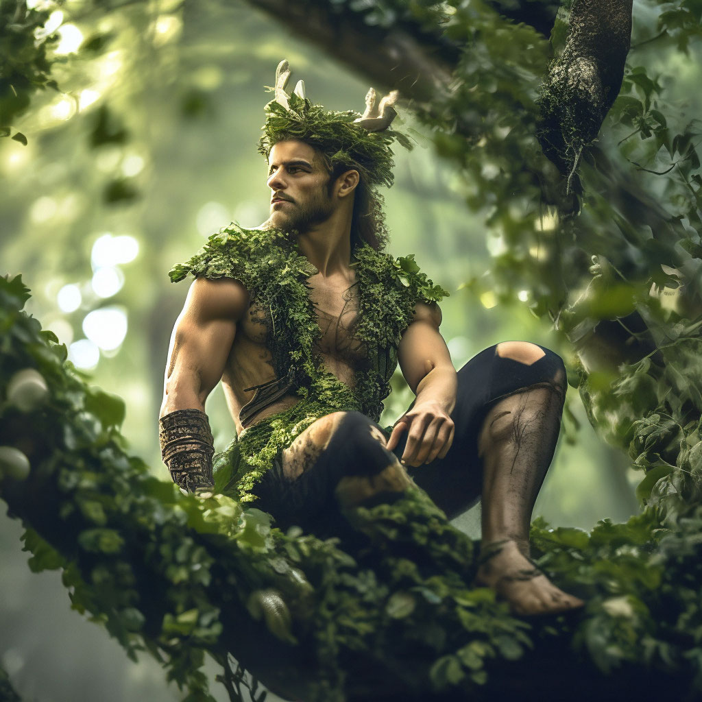 "Satyr, sitting on a tree branch aesthetics of the male body, looking ...