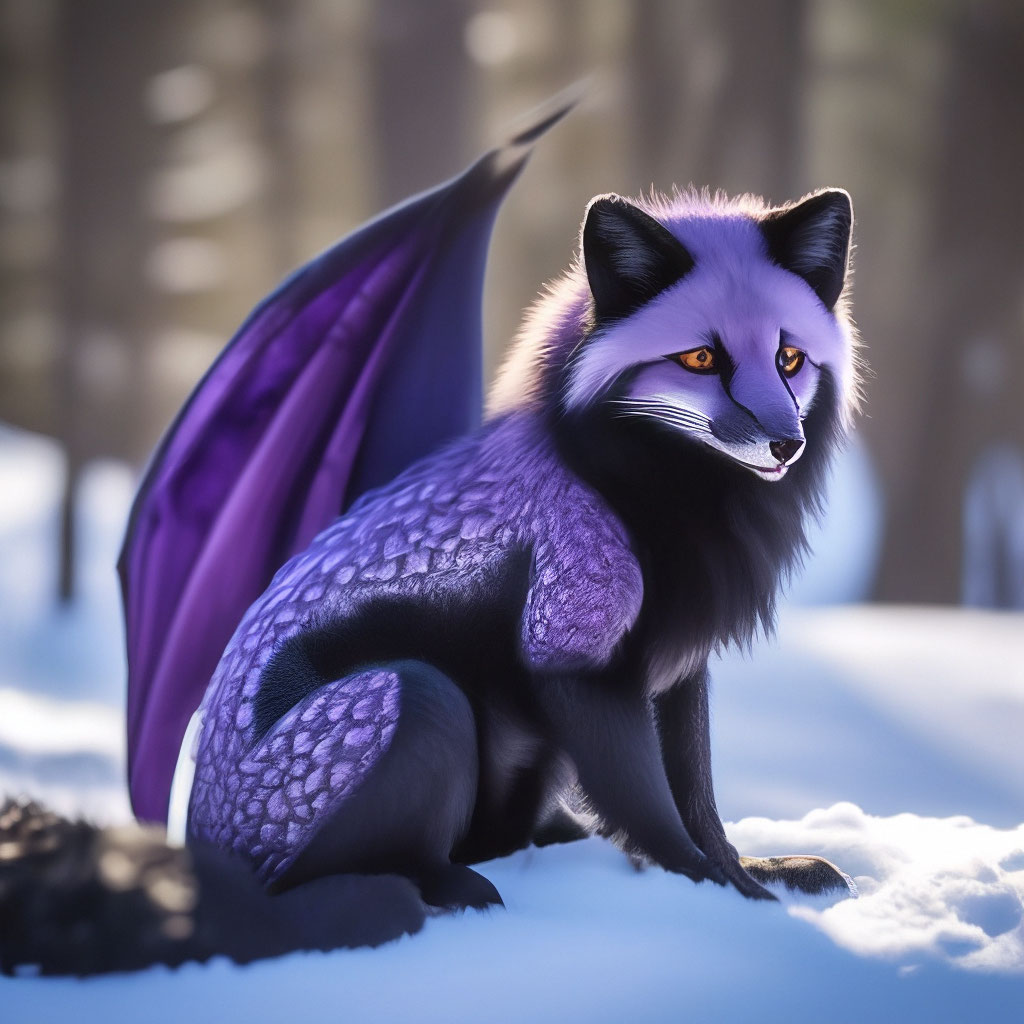 "A hybrid of a black fox and a purple dragon is sitting on the snow ...