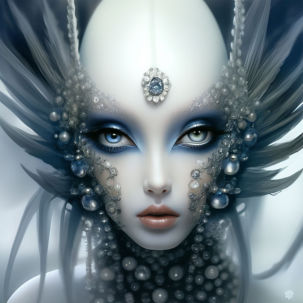 "Fantasy alien, pearls, grotesquely huge expressive eyes, very long ...