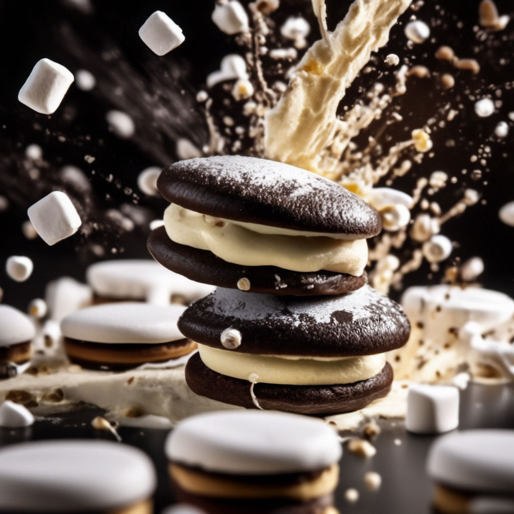 "Double exposure. explosion of marshmallows + cookies "Whoopi-pie"dough ...