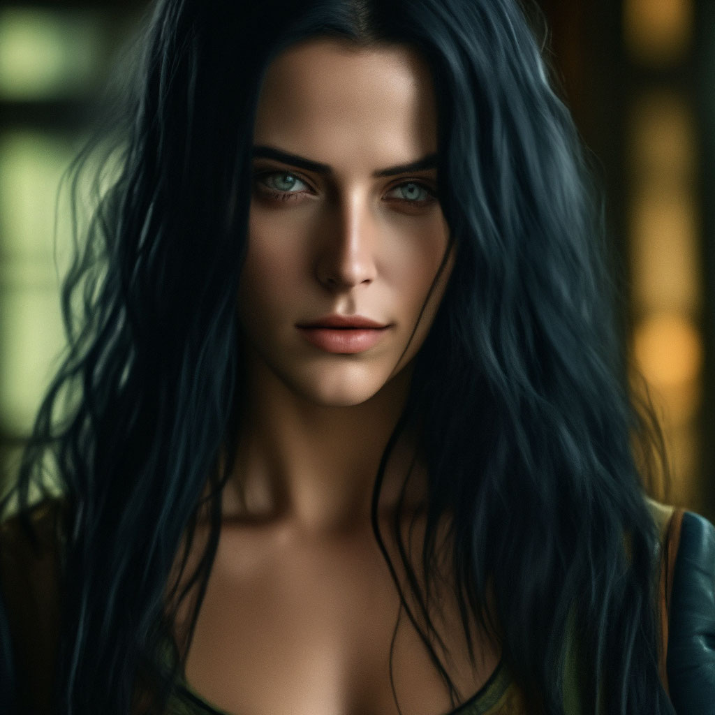"Jennifer, the witcher, long black hair,green eyes, clothes,expressive ...