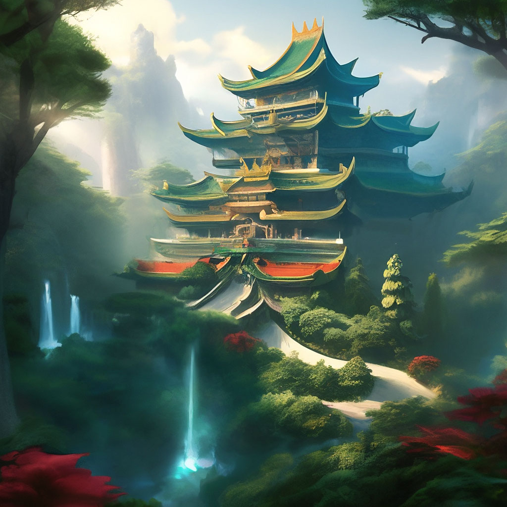 "Jade palace in a huge forest" — image created in Shedevrum