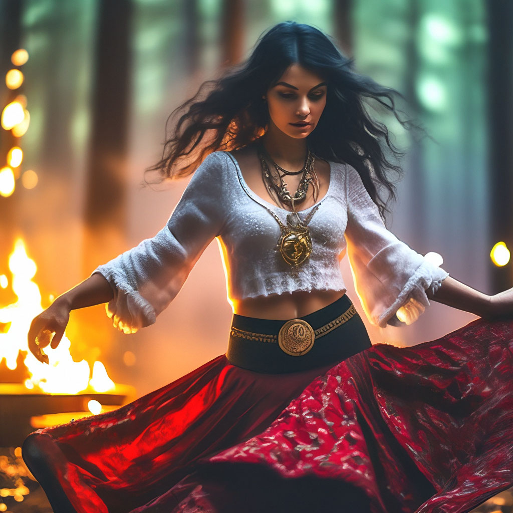 "Burning black-haired gypsy girl, dancing a dance in folk gypsy clothes ...