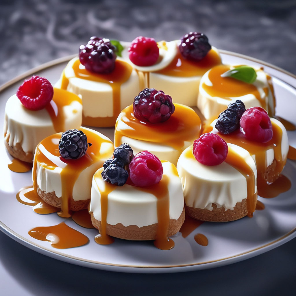 "Lots of cheesecakes with sour cream sauce and caramel, top view ...