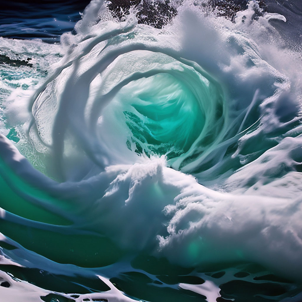"A whirlwind of sea foam and spray, neo aquamarine color, twists ...