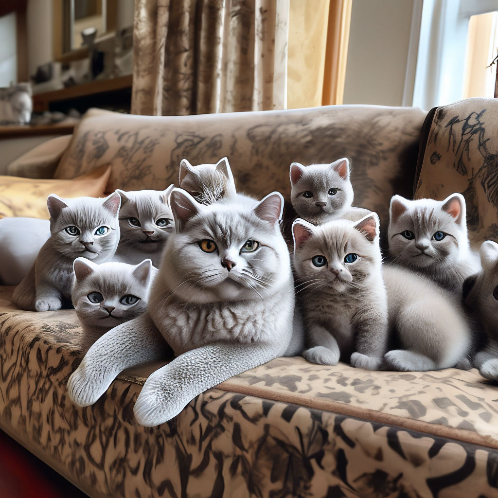 "A British cat and a lot of kittens at home on the couch" — image ...