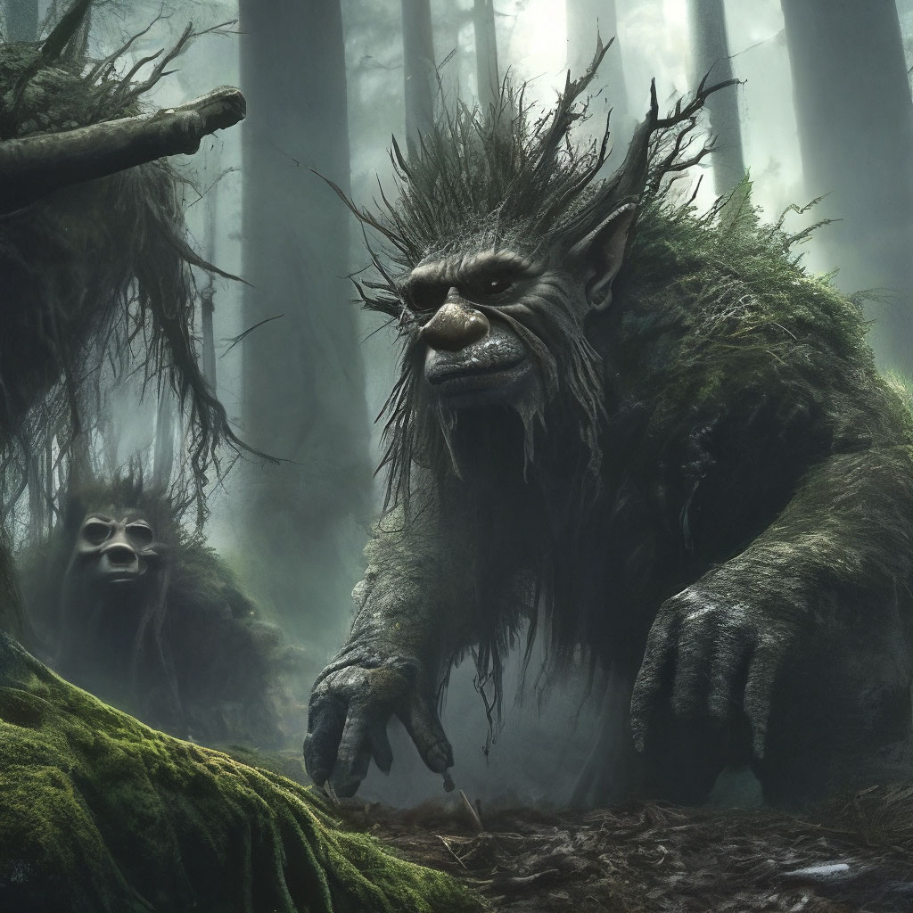 "Forest Trolls humanoid creatures, sparse dirty hair, huge nose, hiding ...