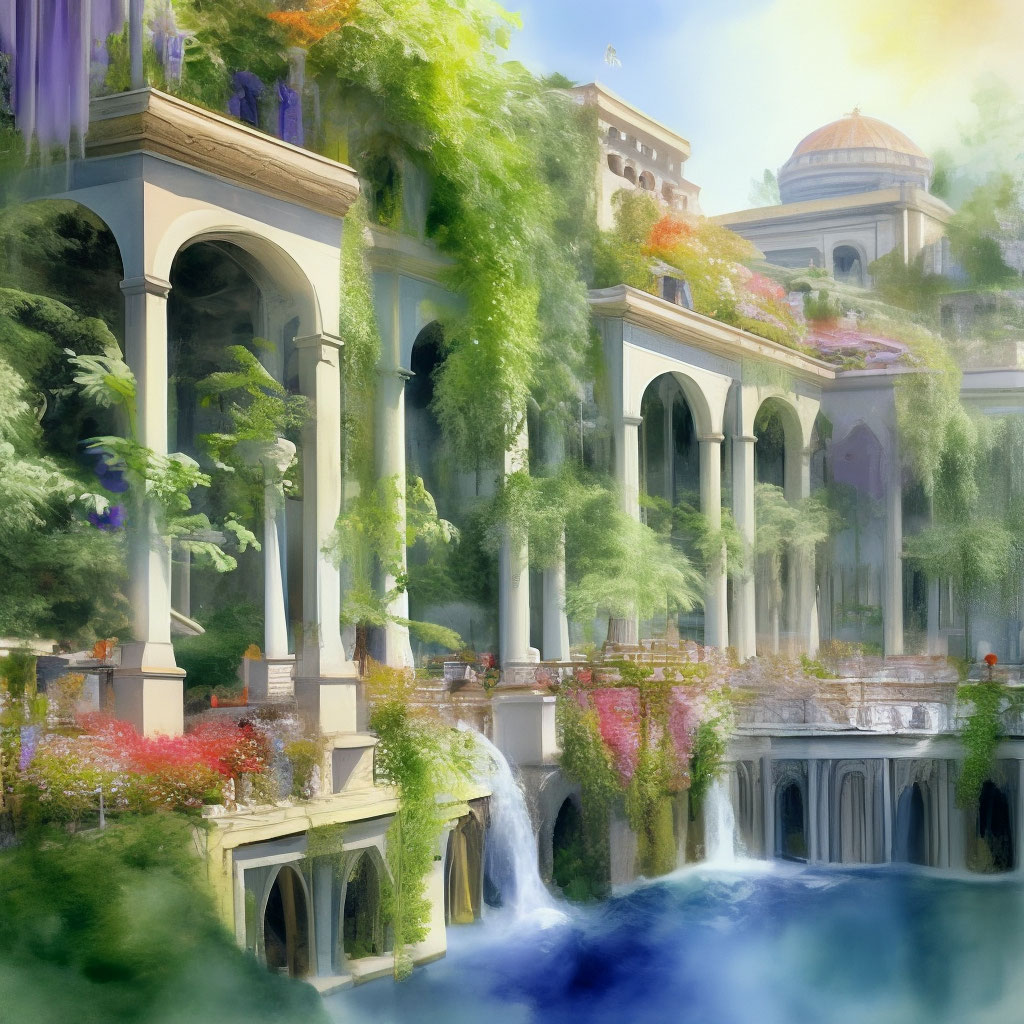 "Hanging Gardens of Semiramis watercolor with drawing,natural beauty ...