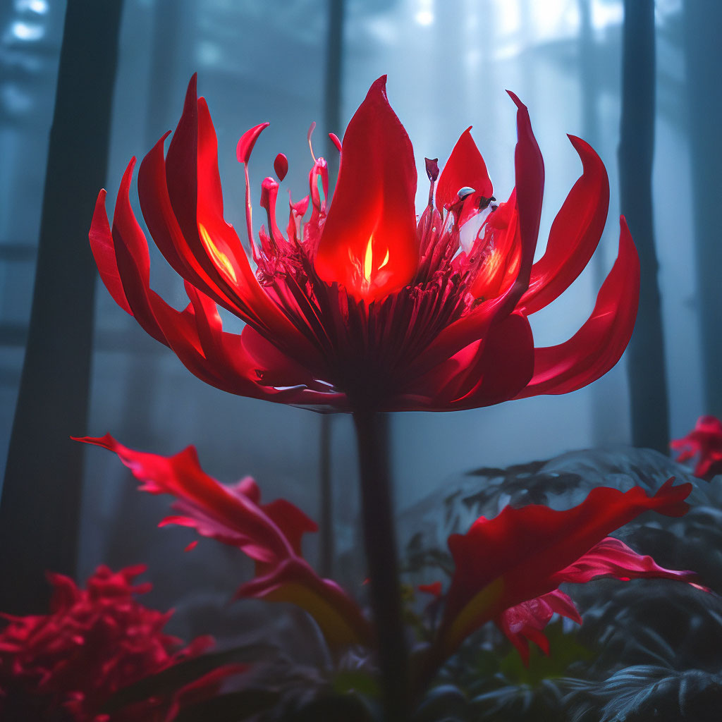 "Big scarlet flower, forest, fire, in a gloomy fog,dark botanical ...