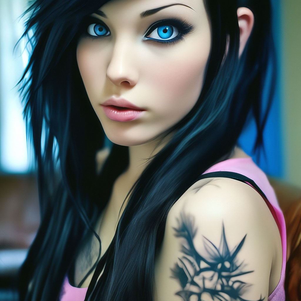 "Photorealism, professional photo, emo girl, long black hair, big blue ...