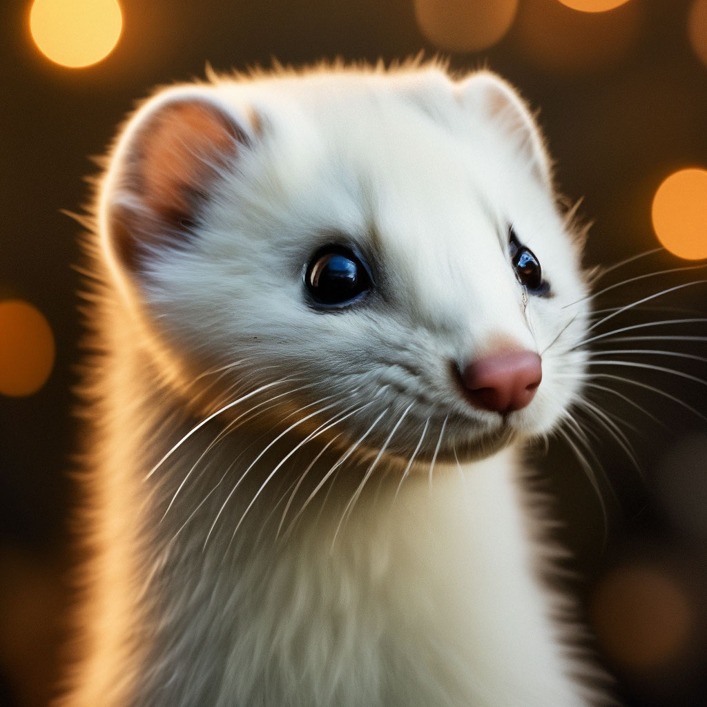 "Small, cute, white, fluffy weasel, close angle, hyperrealism ...