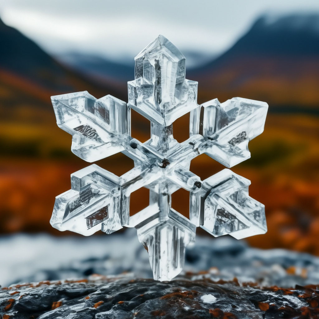 "A snowflake made of ice with a glass sheen with snow in the background ...