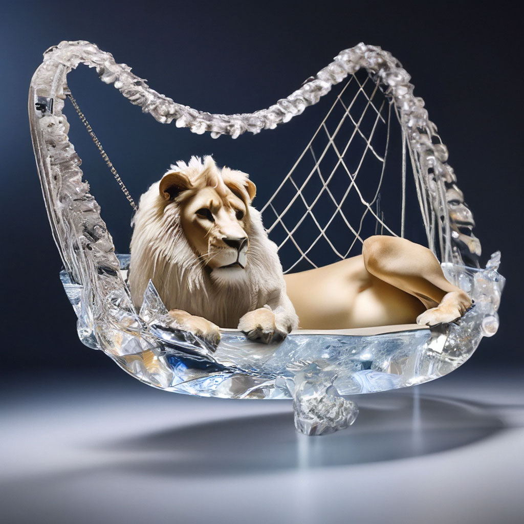 "A crystal hammock with a crystal lion on it" — image created in Shedevrum