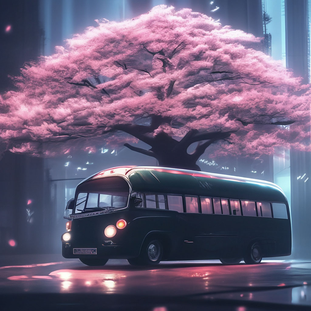 "Sakura tree grew up in a minibus , in the anime style" — image created ...