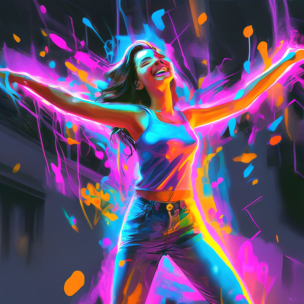 "Dancing in the dark, young lady, smiling, digital-art, splashes of ...