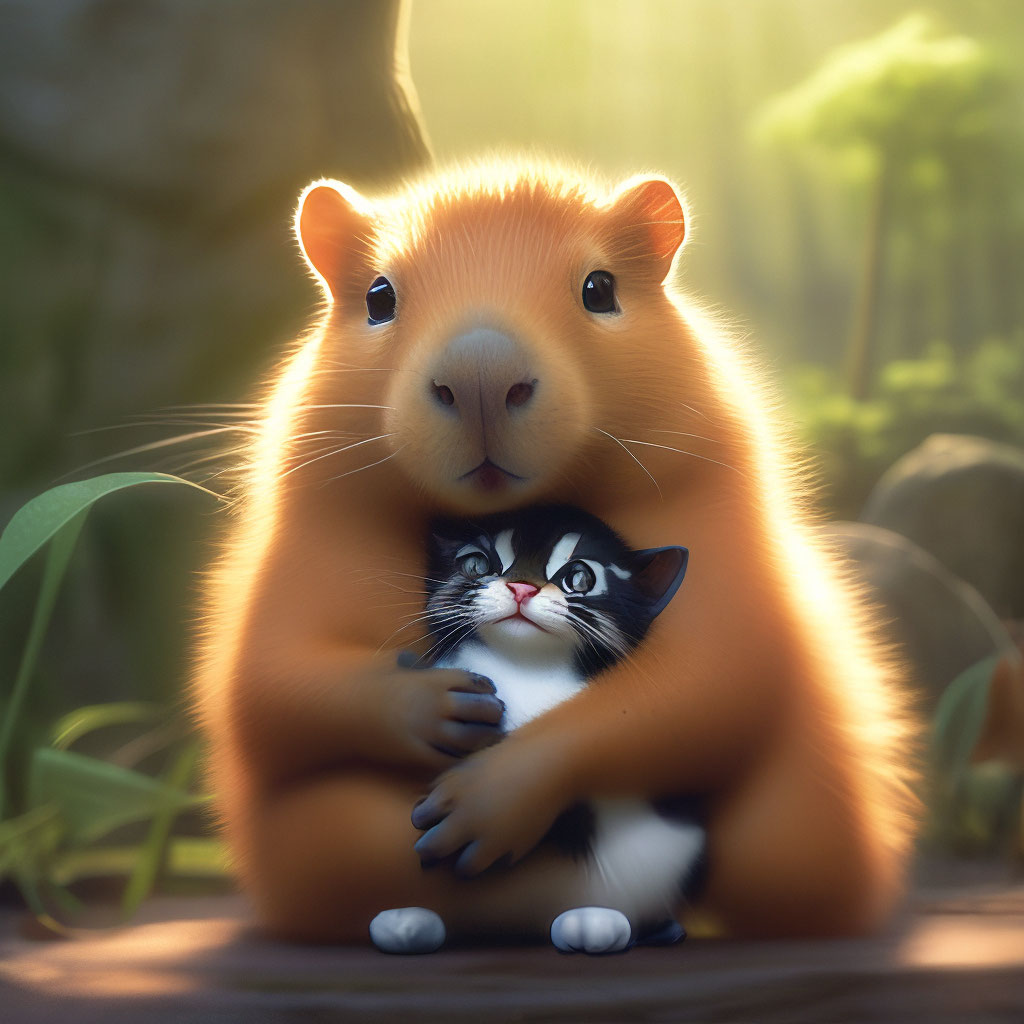 "Capybara hugs a cat" — image created in Shedevrum