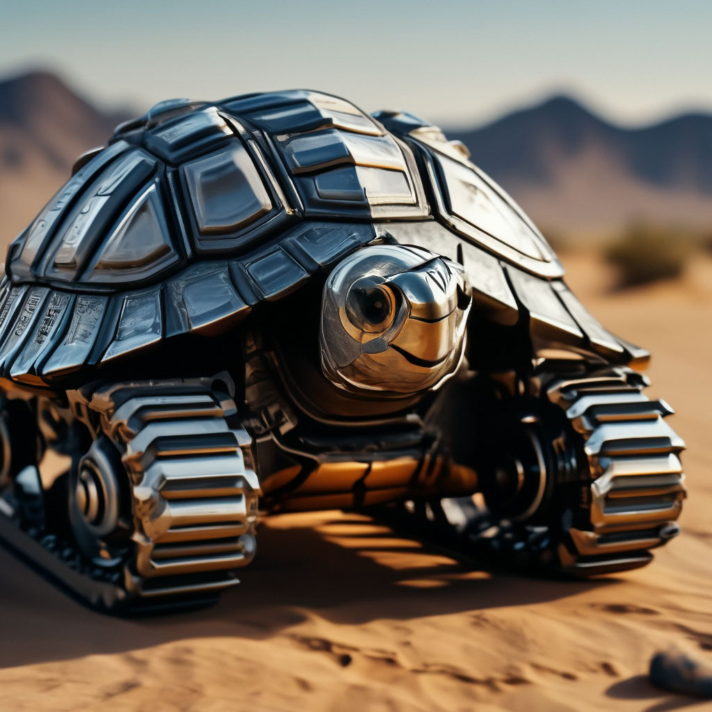 "Turtle in gray shiny steel armor on tracks in the desert front view ...