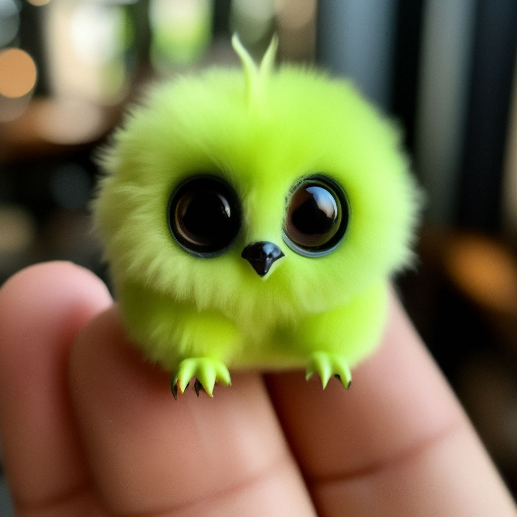 "The tiniest and cutest fluffy light green creature sits on the tip of ...
