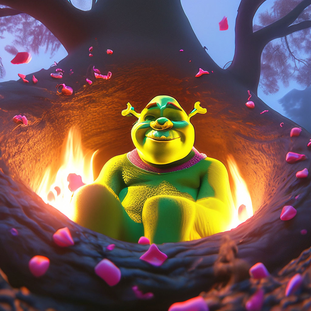 "A magical fire hollow on an oak tree, Shrek is sitting sad inside the ...