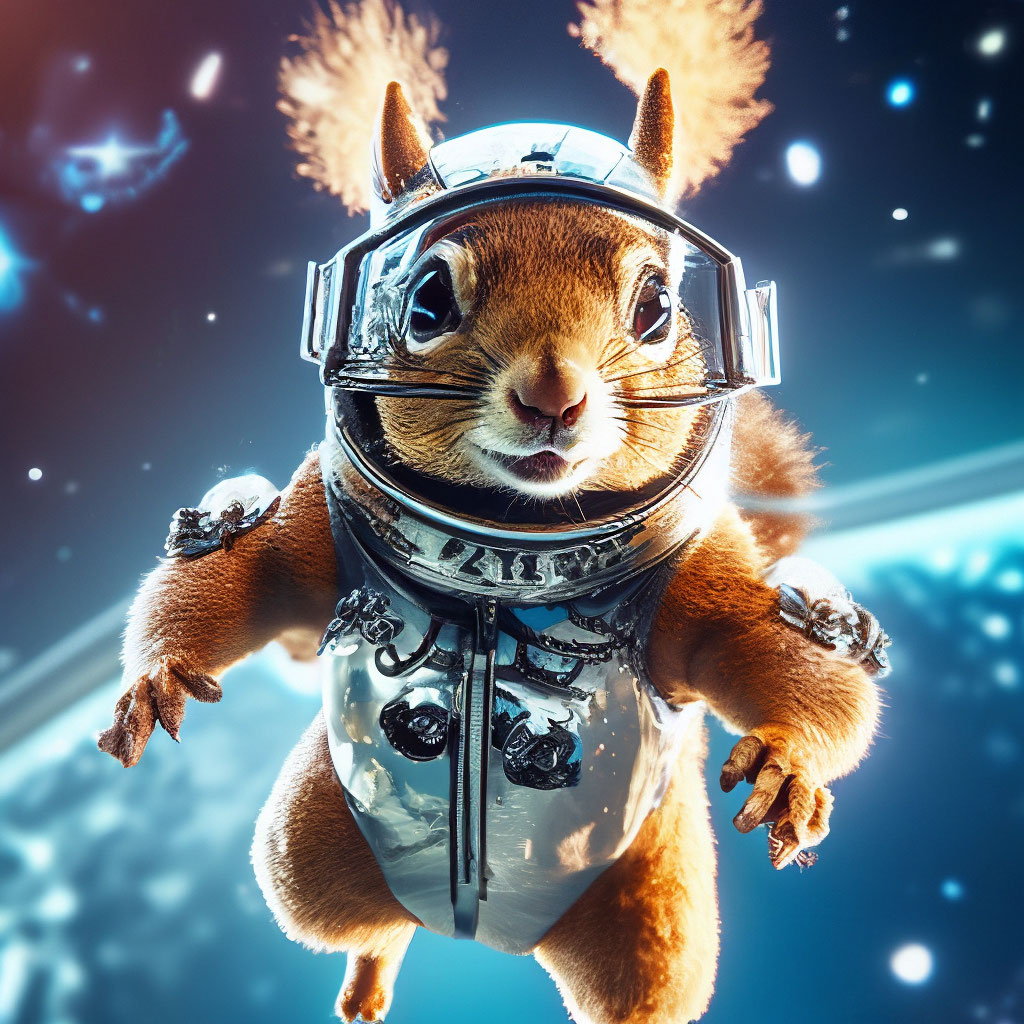 "Cute squirrel in a transparent spacesuit flies in outer space, stars ...
