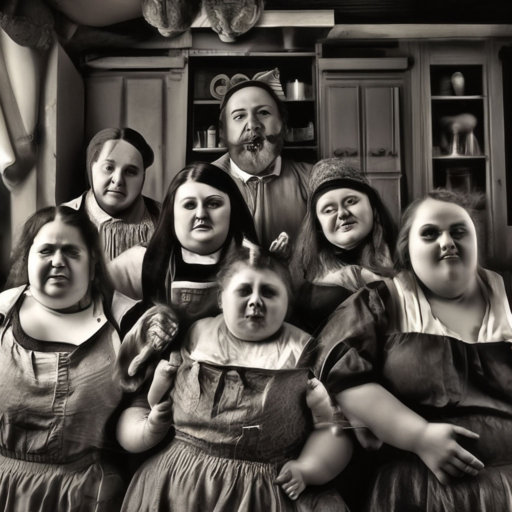 "Post mortem, family of fat freaks, kitchen on background, Victorian ...