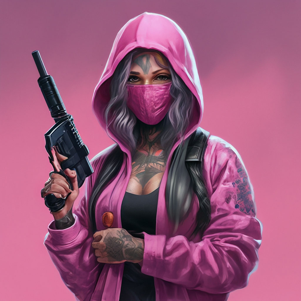 "A girl in a pink balaclava. a tattooed robber with a gun in his hands ...