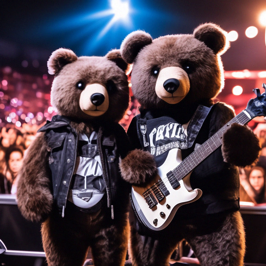 "A boy bear and a girl bear at a rock concert" — image created in Shedevrum