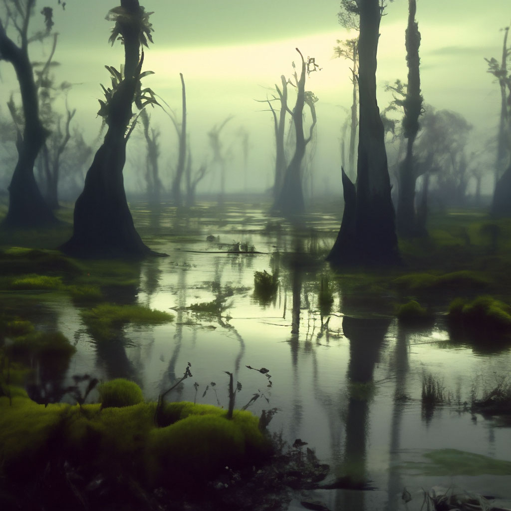 "Please create a haunting portrayal of a swamp devastated by radiation ...