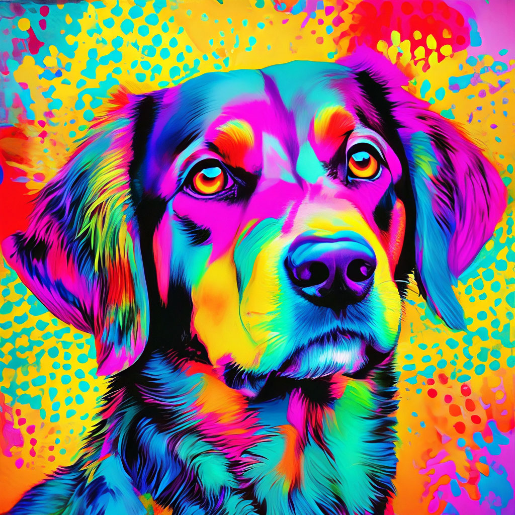"Multicolored dog drawing pop art" — image created in Shedevrum