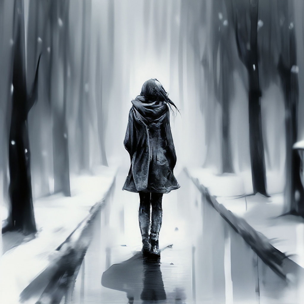 "Sad girl walking alone under a snowfall, depression, sadness, tears ...