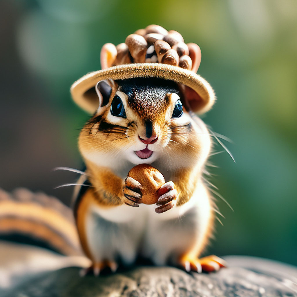 "Fluffy chipmunk in a hat holding a nut in his hands, aesthetically ...
