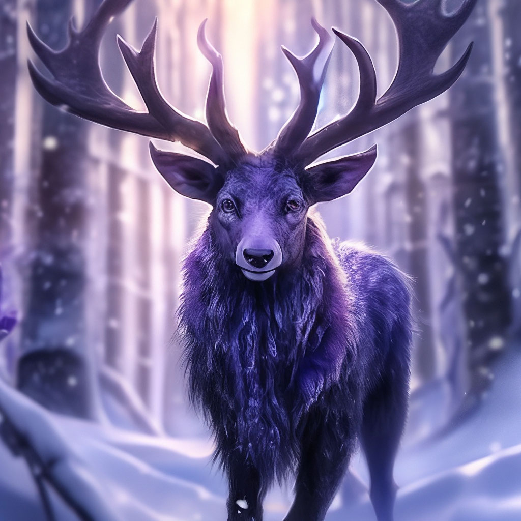 "Watercolor, fairy tale, winter forest, demon deer expressive eyes ...